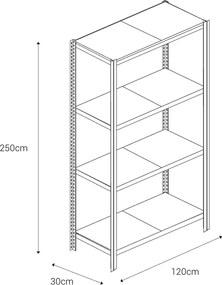 Bezšroubové kovové regál 250x120x30cm T profil, 4 police