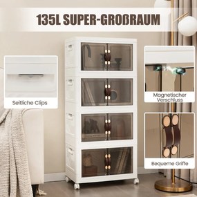 Costway Sada 4 stohovatelných úložných boxů s víkem a kolečky a dveřmi, bílý