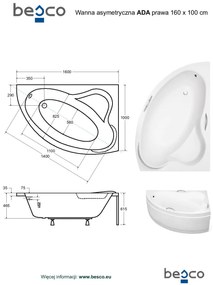 BESCO Asymetrická vana ADA Nožičky k vaně - S nožičkami, Rozměr vany - 160 × 100 cm, Způsob provedení - Pravé - VANADA160P+OLVPINOZ