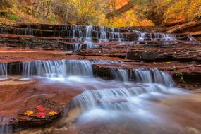 DIMEX | Vliesová fototapeta Vodopády na podzim MS-5-3194 | 375 x 250 cm | zelená, oranžová, hnědá