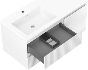 Mexen Rivel, koupelnová skříňka 100 cm s levým umyvadlem Otis, 2S, 1D, drážkovaná, bílá matná, 91A23-10047-3-BBFFF01-W18L01