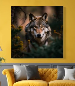 Obraz na plátně - Vlk se rozhlíží v jehličnatém lese FeelHappy.cz Velikost obrazu: 80 x 80 cm