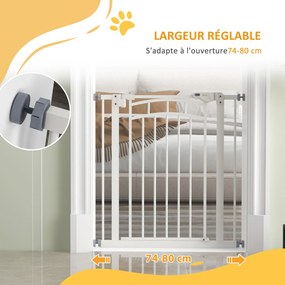 PawHut Rozšiřitelná bezpečnostní brána pro psy 74-80 cm, dvojité zamykání, automatické zavírání, tlaková montáž pro schody, výška 76 cm, bílá
