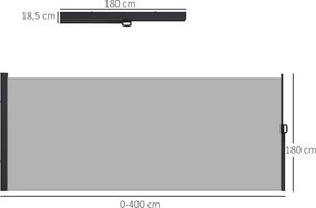 Retrakční boční markýza do zahrady Outsunny 4x1,8m, z hliníku a polyesteru, protisluneční, vysoká hustota 180gsm, světle šedá