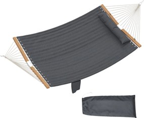Outsunny prošívaná dvoumístná venkovní houpací síť s opěrkou hlavy, kapsou na časopisy a rozepřením z buku, 200 × 140 cm — šedá | Aosom