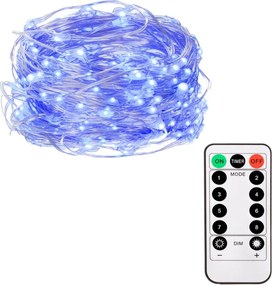 LED řetěz Nano - 10m, 100LED, 8 funkcí, ovladač, 3xAA, IP44, modrá