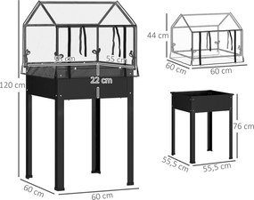 Zvýšený záhon se střechou skleníku, vyvýšený truhlík na rostliny s drenážními otvory, 60 x 60 x 120 cm, černý
