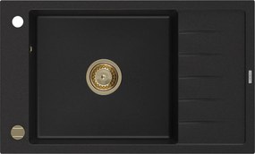 Mexen Elias, granitový dřez granitový 795x480x200 mm, 1-komorový, černá se zlatým sifonem, 6511791005-77-G