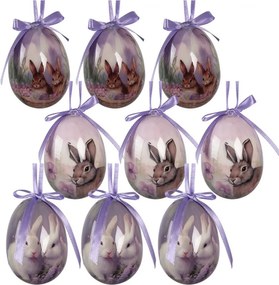 9ks dekorace fialové závěsné vajíčko s králíčky Spring Egg - Ø 5*8 cm