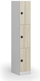 Šatní skříňka S1 s úložnými boxy, 3 boxy, 1850 x 300 x 500 mm, demont, kódový zámek, laminované dveře, dub přírodní