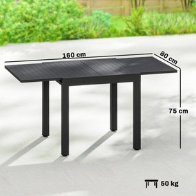 Outsunny rozkládací zahradní jídelní stůl pro 4–6 osob, 80/160 × 80 × 75 cm — černý, práškově lakovaný hliník s lamelovým povrchem