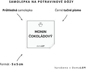 MONIN ČOKOLÁDOVÝ - omyvatelná samolepka na dózu, výběr rozměrů Ø 5 cm / 5 x 5 cm / 6 x 8 cm | DomaLEP tvar: KOLEČKO, barva: PRŮHLEDNÁ - ČERNÉ písmo, velikost: Ø 5 cm - základní písmo