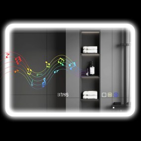 HOMCOM koupelnové zrcadlo s LED světlem 70x50 cm s Bluetooth, 3 barvy světla, digitální hodiny, funkce proti zamlžení, paměťová funkce