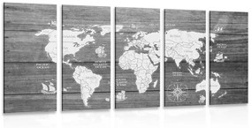 5-dílný obraz černobílá mapa na dřevě - 200x100 cm