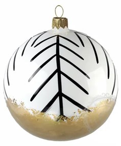 Skleněná vánoční ozdoba bílá s dekorem větviček - GLASSOR - 8 cm, bílá, zlatá, černá