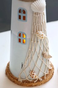 Bílo-modrá kovová dekorace maják s Led Lighthouse - Ø 10*28 cm