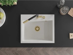 Mexen Oscar granitový dřez 1-komorový 580 x 490 mm, bílý, sifon zlatý - 6519581000-20-G
