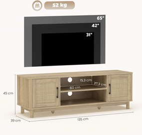 HOMCOM TV nábytek 135 cm, TV nábytek pro televize až do 165,1 cm s 2 ratanovými dveřmi, 2 otevřenými přihrádkami, dub