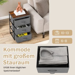 Costway Noční stolek s látkovými zásuvkami s kovovým rámem – 40 × 30 × 62 – šedá