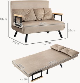 HOMCOM 2místná pohovka s funkcí spaní, 102x73x81cm, s opěradlem nastavitelným v pěti směrech, přehozové polštáře, protiskluzové nožičky, sametový vzh…