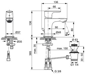 Ideal Standard Connect Air - umyvadlová baterie stojánková Piccolo SLIM, s odt. garniturou (5l / min) A7014AA