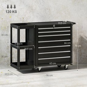 Dílenský vozík Vozík na nářadí se 7 zásuvkami odnímatelná boční police 4 kolečka s parkovací brzdou, 96x33,5x75cm, černá barva