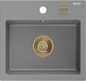 Mexen Milo, granitový dřez 435x410x171 mm, 1-komorový, šedá se zlatým sifonem, 6505441000-71-G