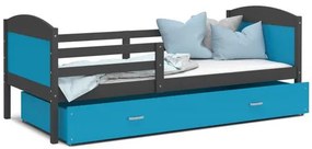 Dětská postel MATYAS P 90x200 cm s šedou konstrukcí v modré barvě se šuplíkem.