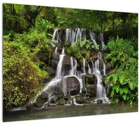 Skleněný obraz vodopádů v tropickém lese (70x50 cm)