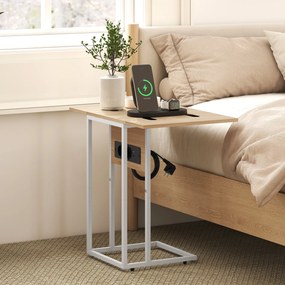 HOMCOM Skládací příruční stolek, nabíjecí stanice s USB porty, kov, 39 x 29 x 57 cm, barva dřeva