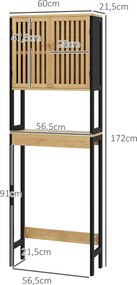HOMCOM Kleankin Regál nad WC s koupelnovou skříňkou a 2 dveřmi, otevřeným policí 60D x 21,5Š x 172V cm, bambus - Přírodní dřevo a černá