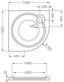 Roltechnik Outlet Čtvrtkruhová sprchová vanička NOVA-M_1000, R 500 z litého mramoru Varianta: rozměry: 100x100 cm - (NOVA-M_1000 - 8000295)