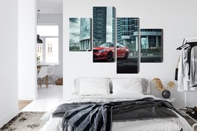 Vícedílný obraz Červené Auto Na Pozadí Moderních Mrakodrapů Nedostatek Nedostatek Plátno Canvas 80x50