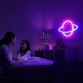 ACA Lighting Neonová lampička - Saturn, 3x AA baterie/USB kabel, IP20, modrá + růžová barva