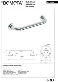 Bemeta Design HELP: Madlo, 800 mm, s krytkou, nerez, lesk - 301100801