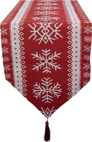 Červený látkový běhoun se sněhovými vločkami a střapci - 33*180 cm