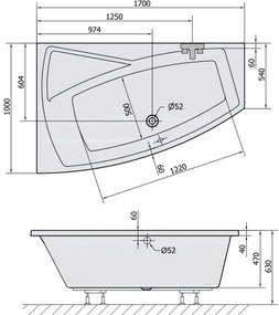 Polysan EVIA L asymetrická vana s konstrukcí 170x100x47cm, bílá, 21711