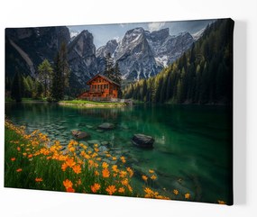 Obraz na plátně - Rozkvetlá louka u jezera s chatou FeelHappy.cz Velikost obrazu: 210 x 140 cm
