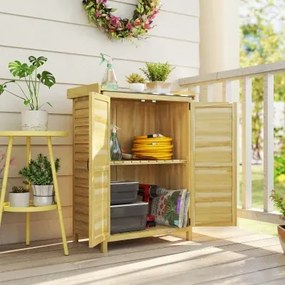 Outsunny venkovní dřevěný zahradní kůlna s kovovou střechou a háčky pro uchovávání nářadí, 71,5x39x95 cm, přírodní