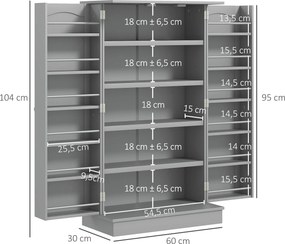 HOMCOM Moderní Kuchyňská Skříňka s Úložným Prostorem, Regály a 12 Kořenkami, Spíž pro Jídelnu a Obývací Pokoj, 60 x 30 x 104 cm, Šedá