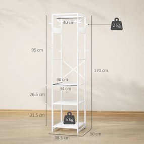 HOMCOM Stojan na kabáty s tyčí a 3 otevřenými policemi, Stojan na kabáty z MDF a oceli do předsíně a ložnice, 38,5x30x170 cm, Bílý
