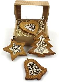 AMADEA Vánoční set 4 druhů dřevěných ozdob z masivu s vkladem - ornament + krabička
