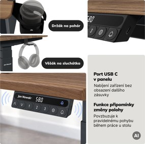 Elektrický stůl s regulací výšky ergonomický antracitový/ořech,1200x600 mm: ARIA