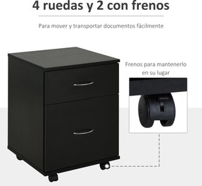 HOMCOM Dřevěný mobilní archivar s kolečky a 2 šuplíky, kancelářský a domácí filing kabinet 41x39x58cm Černý
