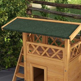PawHut dvoupatrový domek pro kočky s asfaltovou střechou a balkonem, vila pro kočky z masivního dřeva se schody, přírodní, 77x50x73cm| Aosom