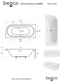 BESCO Asymetrická vana AVITA Nožičky k vaně - S nožičkami, Rozměr vany - 180 × 80 cm, Způsob provedení - Levé - VANAVIT180L+OLVPINOZSTELWD