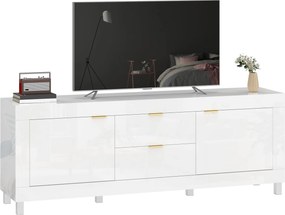 HOMCOM nízký TV stolek pro TV až do 75" – 180 × 40 × 66 cm, bílý vysoký lesk, 2 dvířka s tlumeným dovřením, kabelové vedení a 2 zásuvky | Aosom