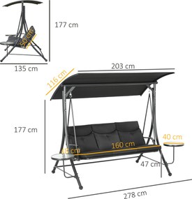 Hollywoodská houpačka, houpací lavice, 3místná zahradní houpačka s nastavitelnou stříškou, 278 x 135 x 177 cm, černá barva