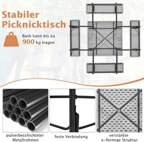 Costway Kulatý piknikový stůl s 4 lavicemi a otvorem na deštník pro 8 – šedá