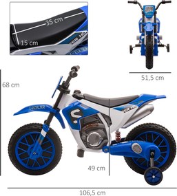 HOMCOM Dětská elektrická motorka 12V, se 2 odnímatelnými tréninkovými koly, od 3 let, PP kov, modrá+bílá